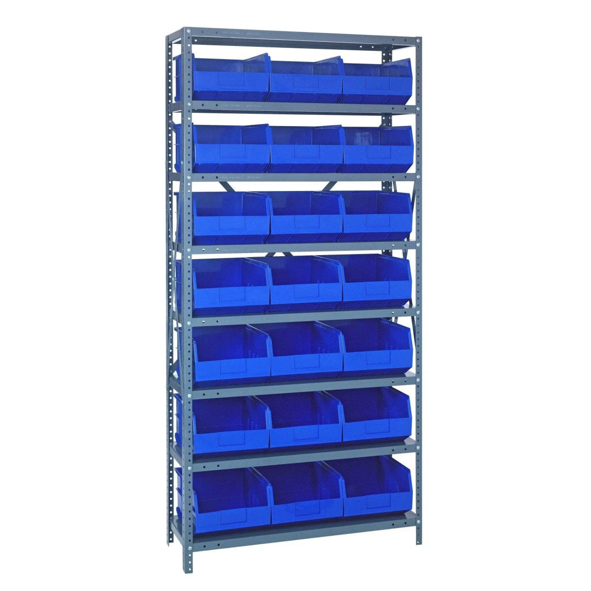 Quantum Storage Systems 1275 Series Stackable Shelf Bin Shelving Unit 12 D x 36 L x 75 H 8 Shelves 21 Blue Bins 1275 445BL