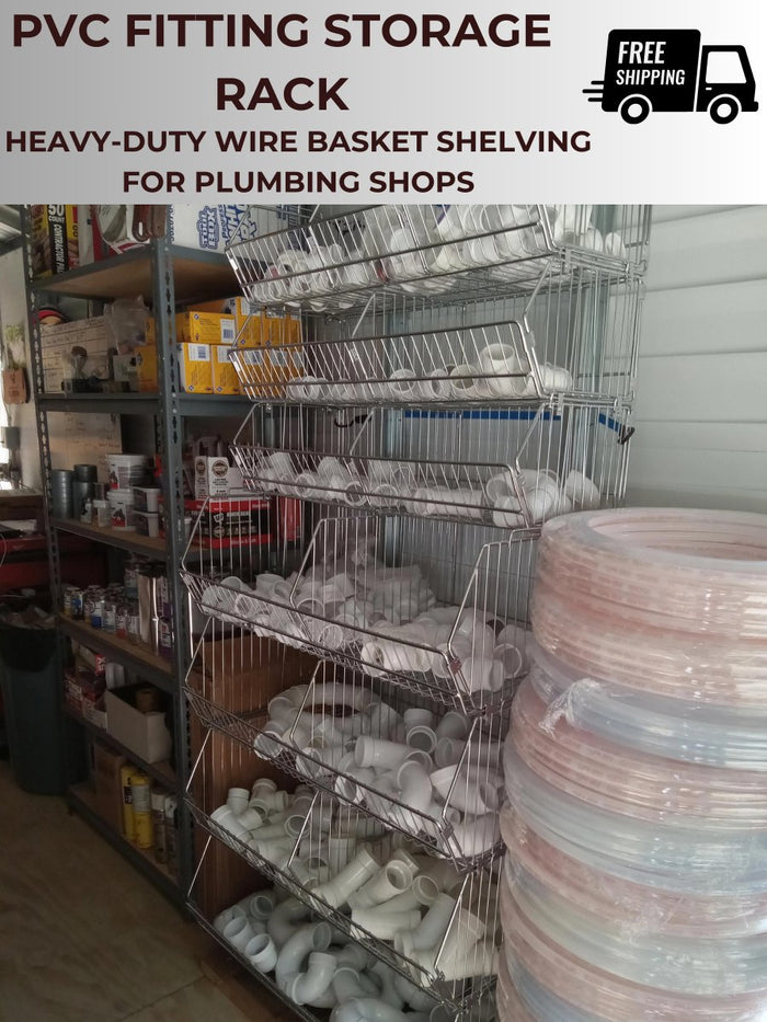 PVC Fitting Storage Rack - Heavy-Duty Wire Basket Shelving for Plumbin