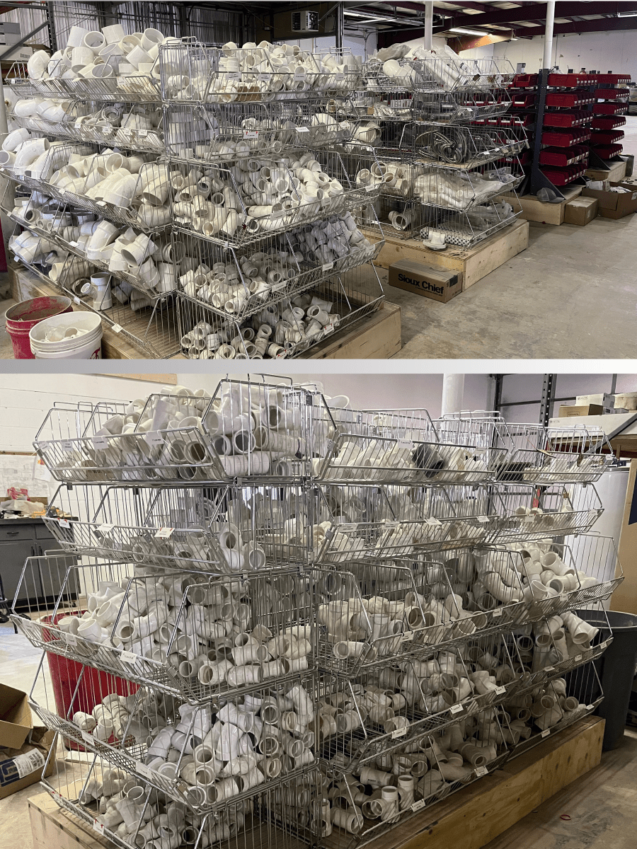 PVC Fitting Storage Rack - Heavy-Duty Wire Basket Shelving for Plumbin