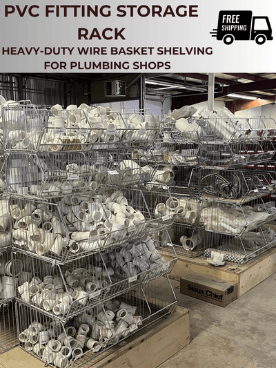 PVC Fitting Storage Rack - Heavy-Duty Wire Basket Shelving for Plumbin