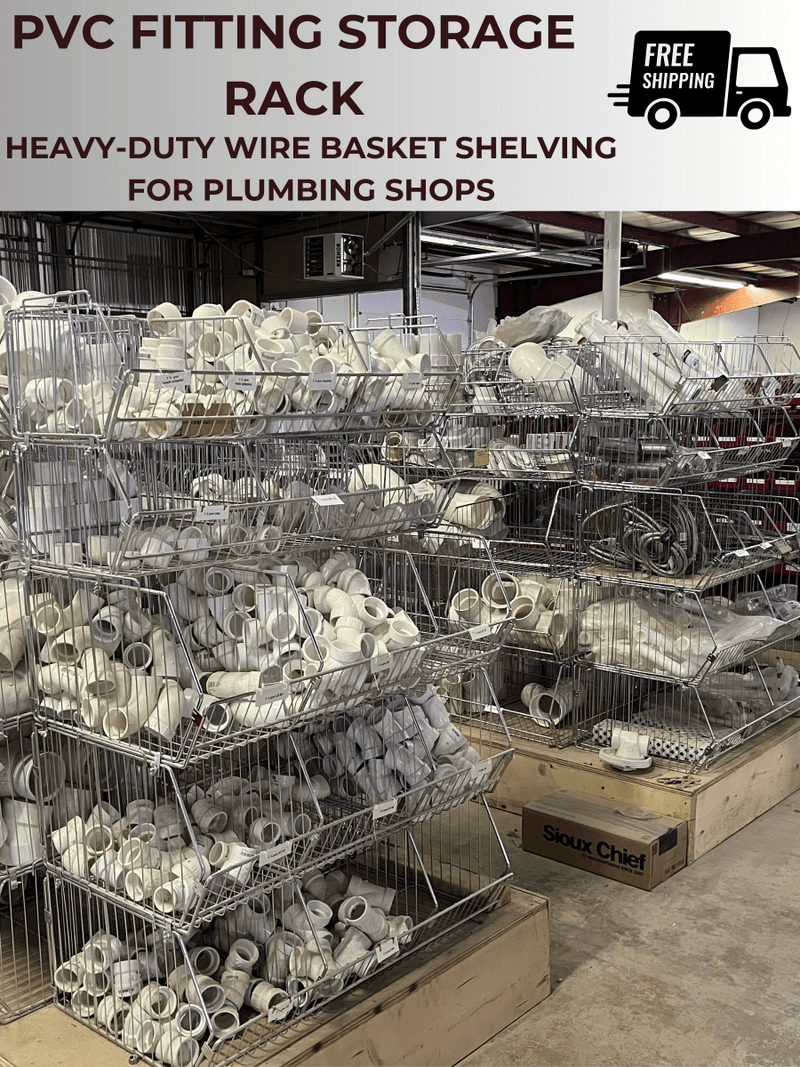 PVC Fitting Storage Rack - Heavy-Duty Wire Basket Shelving for Plumbin